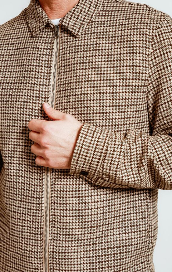 Dobell Brown & Green Dogtooth Tweed Blouson Jacket | Dobell