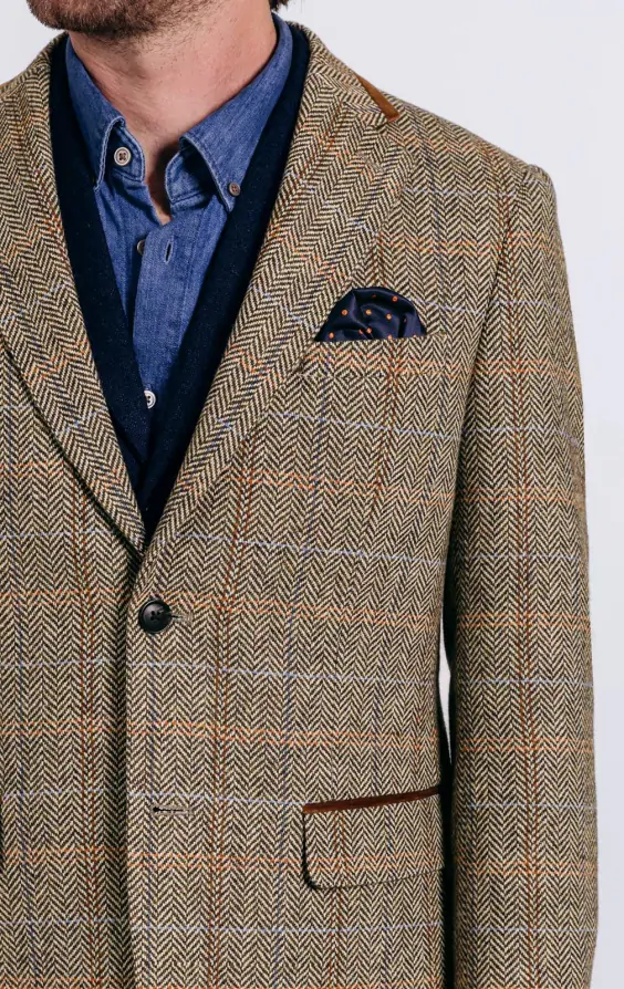 Brown and Blue Check Tweed Wool Blend Jacket with Velvet Trim | Dobell
