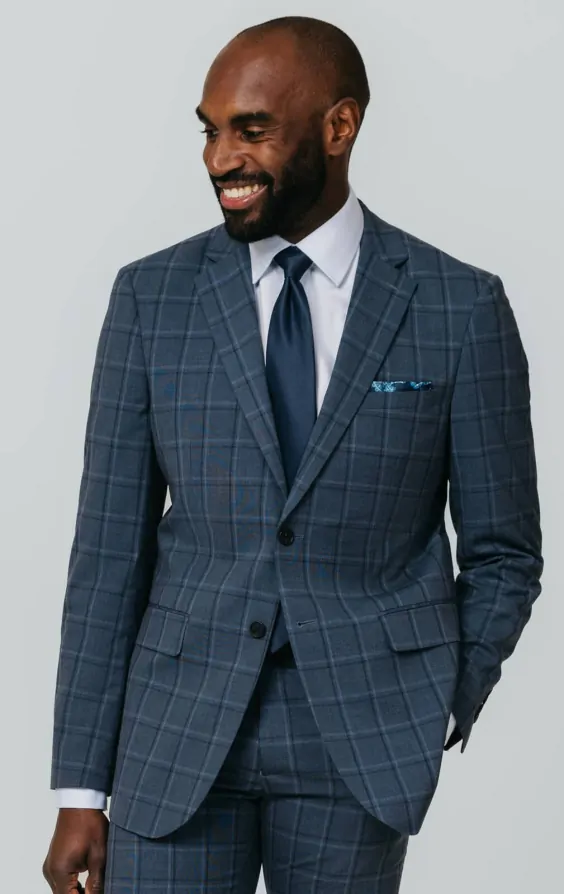 blue checkered pattern suit