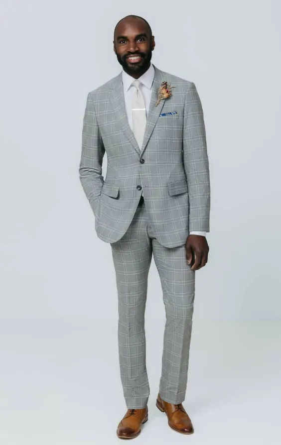 Grey with Tan Check Suit Jacket with Peak Lapel | Dobell