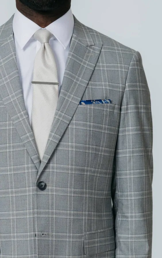 Grey with Tan Check Suit Jacket with Peak Lapel | Dobell