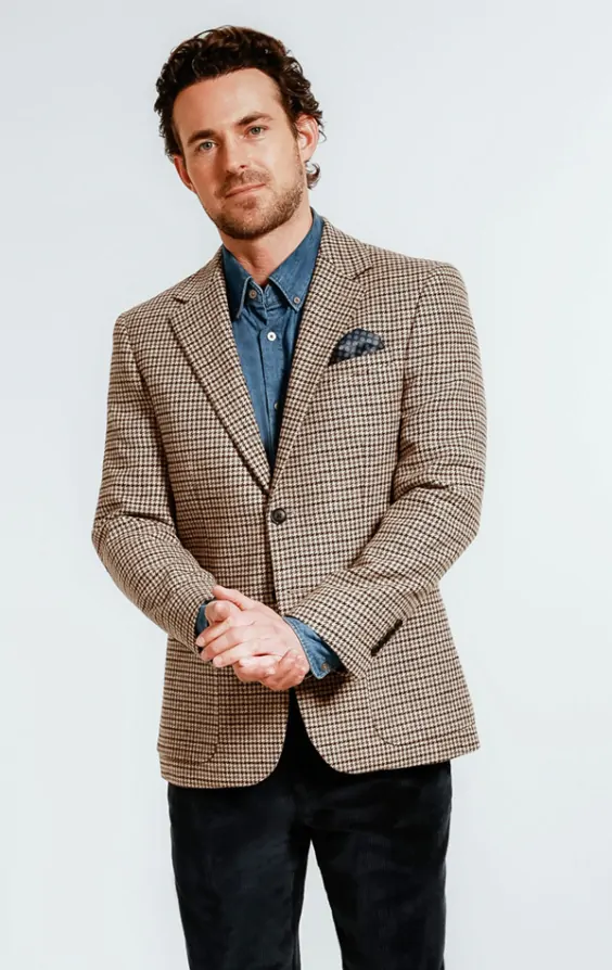Dobell Brown & Green Dogtooth Tweed Jacket with Patch Pockets | Dobell