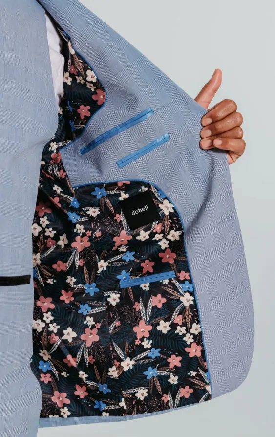 Dobell Light Blue Check Suit Jacket with Contrast Trims | Dobell