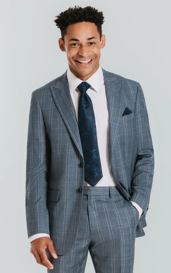 Dobell Light Blue Check Suit Jacket with Peak Lapel | Dobell