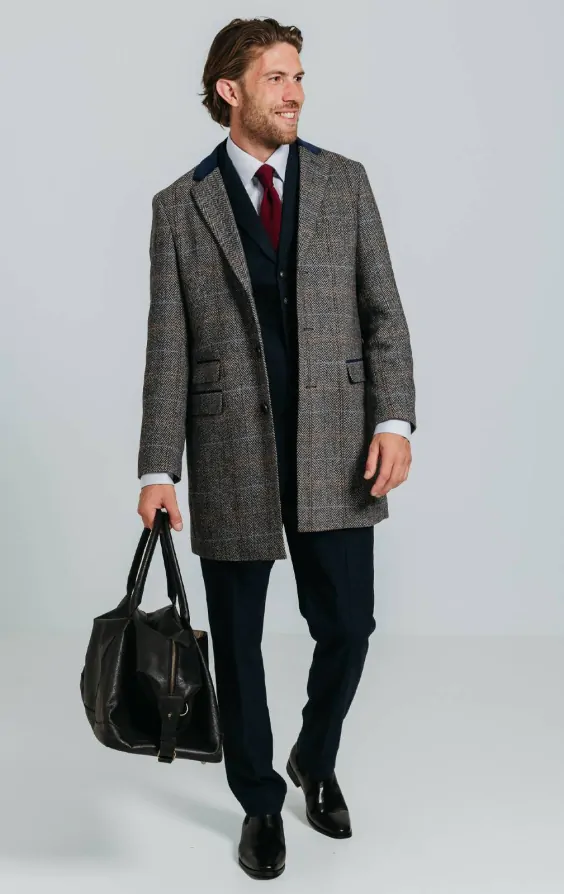 Gray and Blue Check Tweed Wool Blend Overcoat with Velvet Trim | Dobell