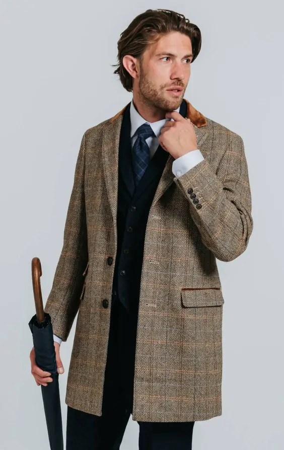 Brown and Blue Check Tweed Wool Blend Overcoat with Velvet Trim | Dobell