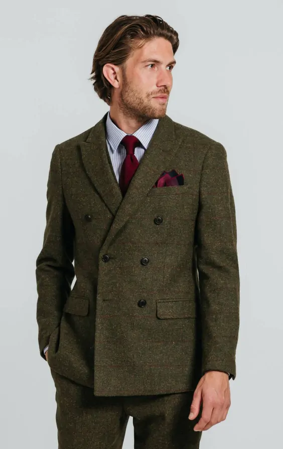 Double Breasted Green Windowpane Check Tweed Suit | Dobell
