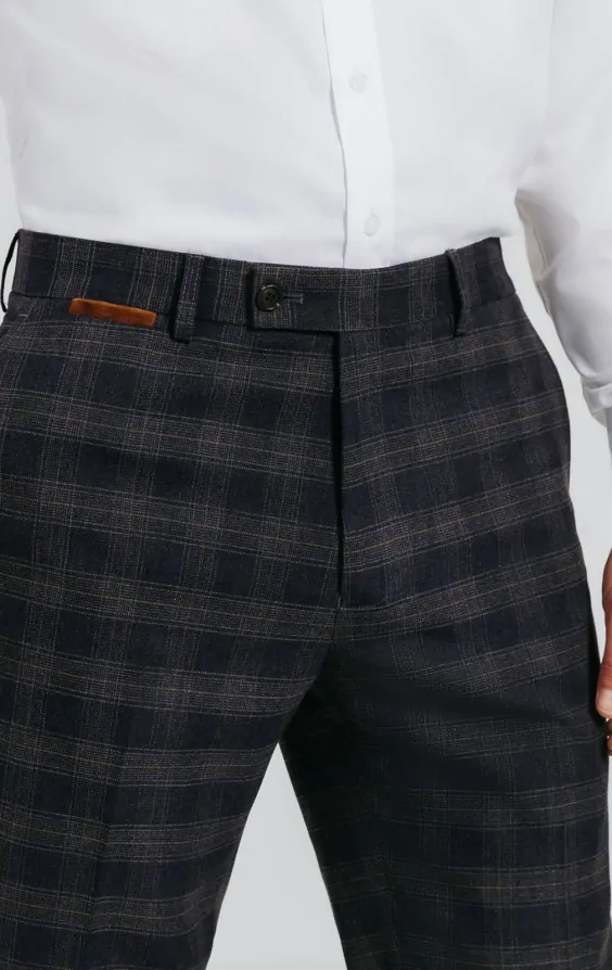 Navy Heritage Check with Brown Trim Suit Pants | Dobell