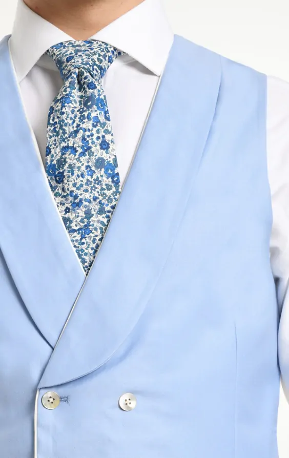 Sky Blue Twill Double Breasted Morning Suit Vest with Shawl Lapel | Dobell