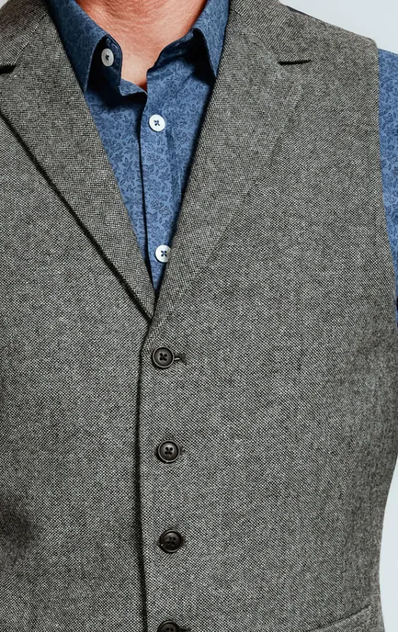 Dobell Light Grey Donegal Tweed Vest with Notch Lapel | Dobell