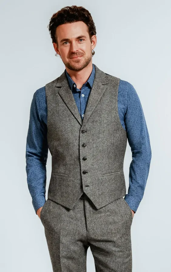 Dobell Light Grey Donegal Tweed Vest with Notch Lapel | Dobell
