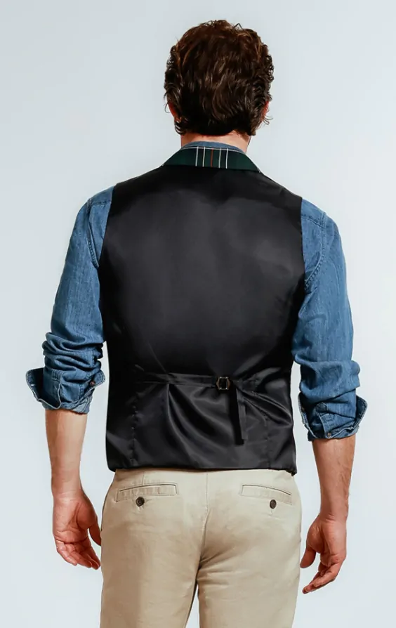 Dobell Green & Blue Tartan Check Vest with Notch Lapel | Dobell