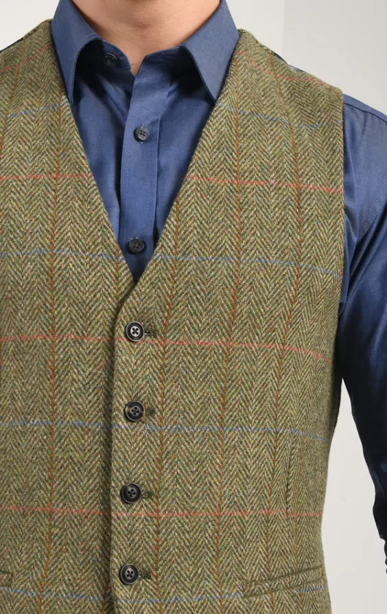 Dobell Green Windowpane Check Wool Blend Tweed Vest | Dobell
