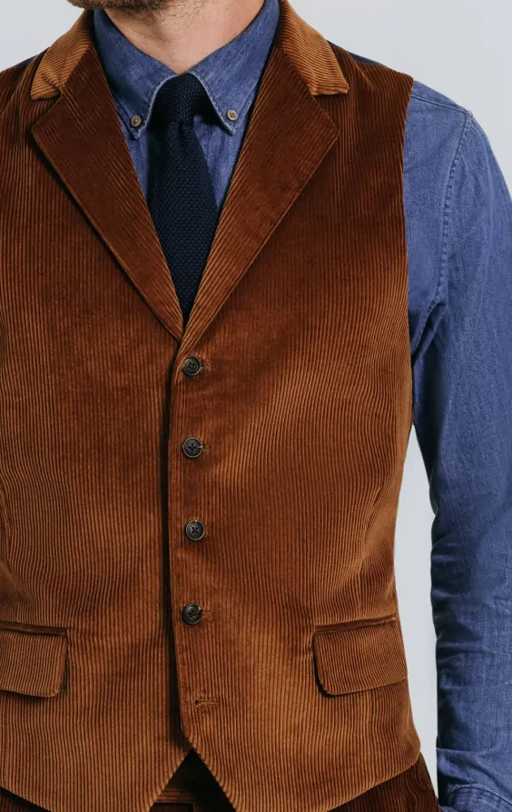 Mid Brown Corduroy Vest with Notch Lapel | Dobell