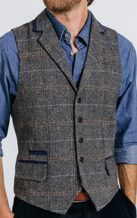 Grey and Blue Check Tweed Wool Blend Vest with Velvet Trim | Dobell