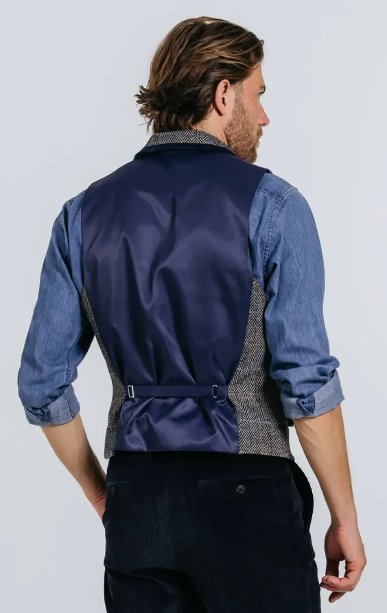 Grey and Blue Check Tweed Wool Blend Vest with Velvet Trim | Dobell