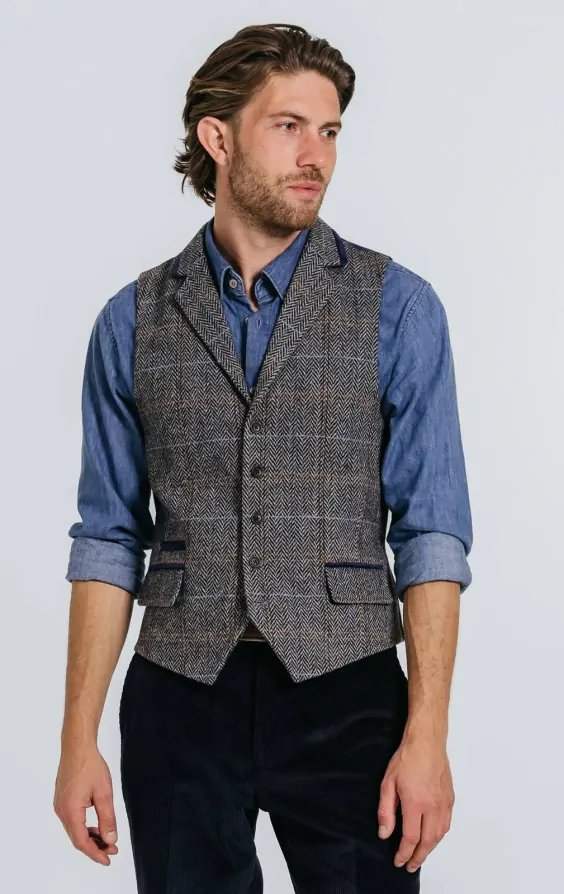 Gray and Blue Check Tweed Wool Blend Vest with Velvet Trim | Dobell