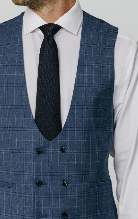 Blue Check Double Breasted Vest | Dobell