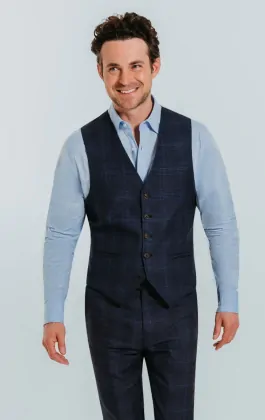 Blue Check Linen Vest | Dobell
