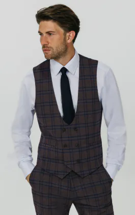 Burgundy with Blue Windowpane Check Double Breasted Vest | Dobell